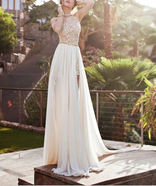 Sheer Halter Lace Chiffon Beaded Long Prom Dress Evening Dress on Luulla